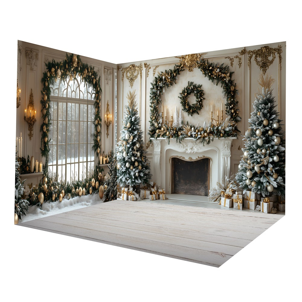 Christmas Retro Wall Fireplace Wreath Window Backdrop Room Set RR8-627 ...