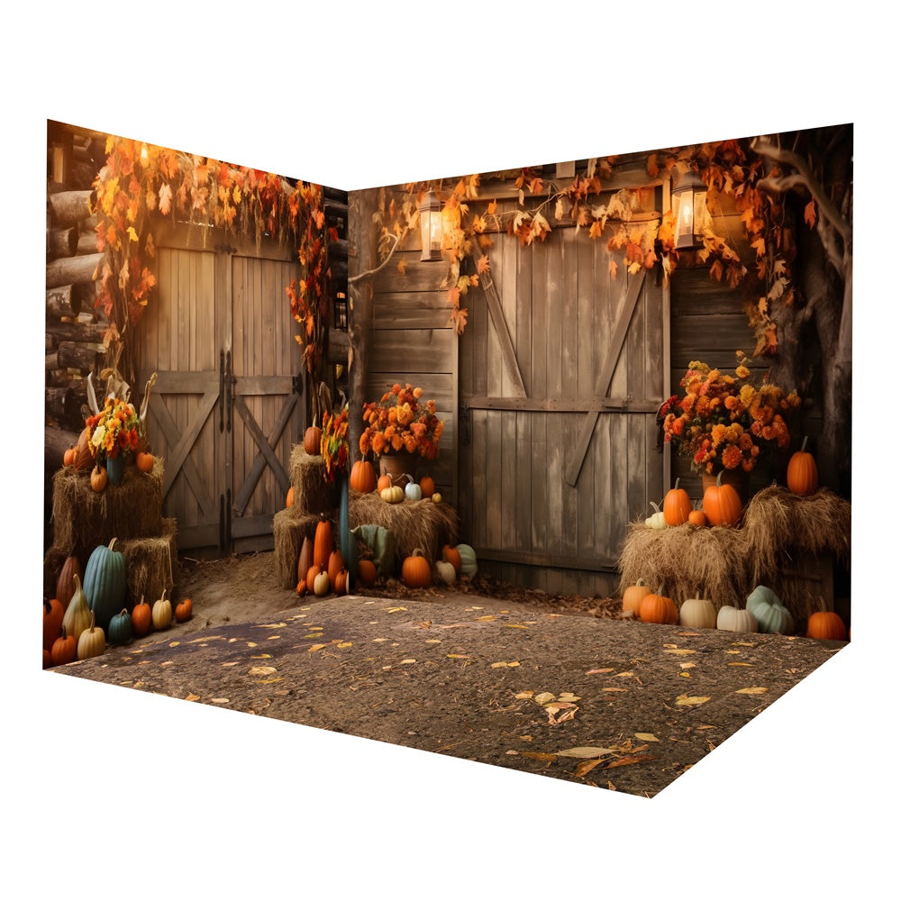 Fall Wood Barn Door Haystack Leaves Backdrop Room Set RR8-662 – Dbackdrop