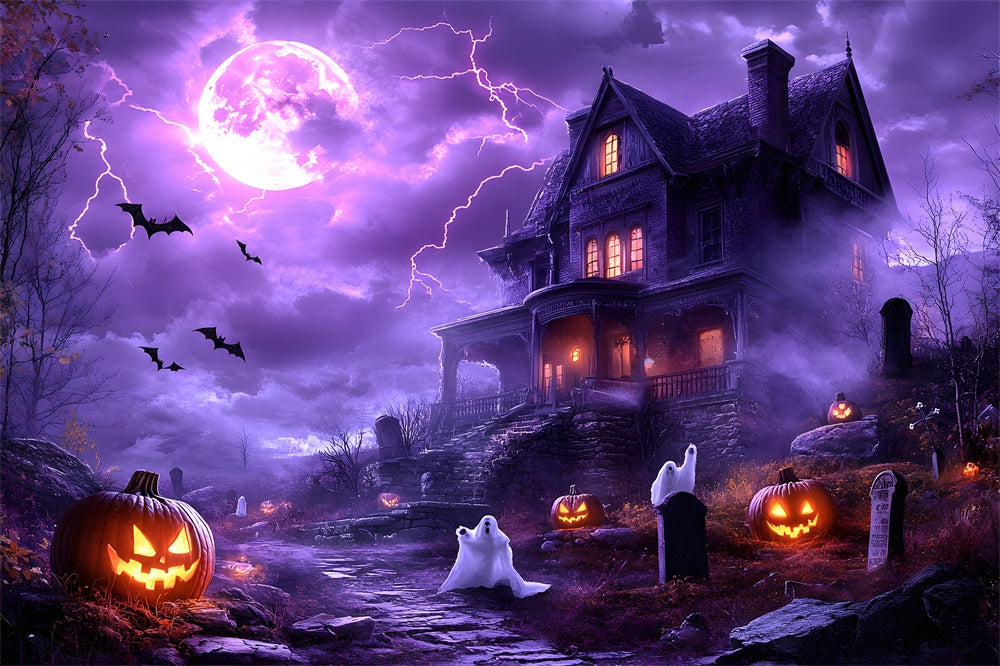 Halloween Purple Night Sky Lightning Ghost Backdrop RR9-108 – Dbackdrop