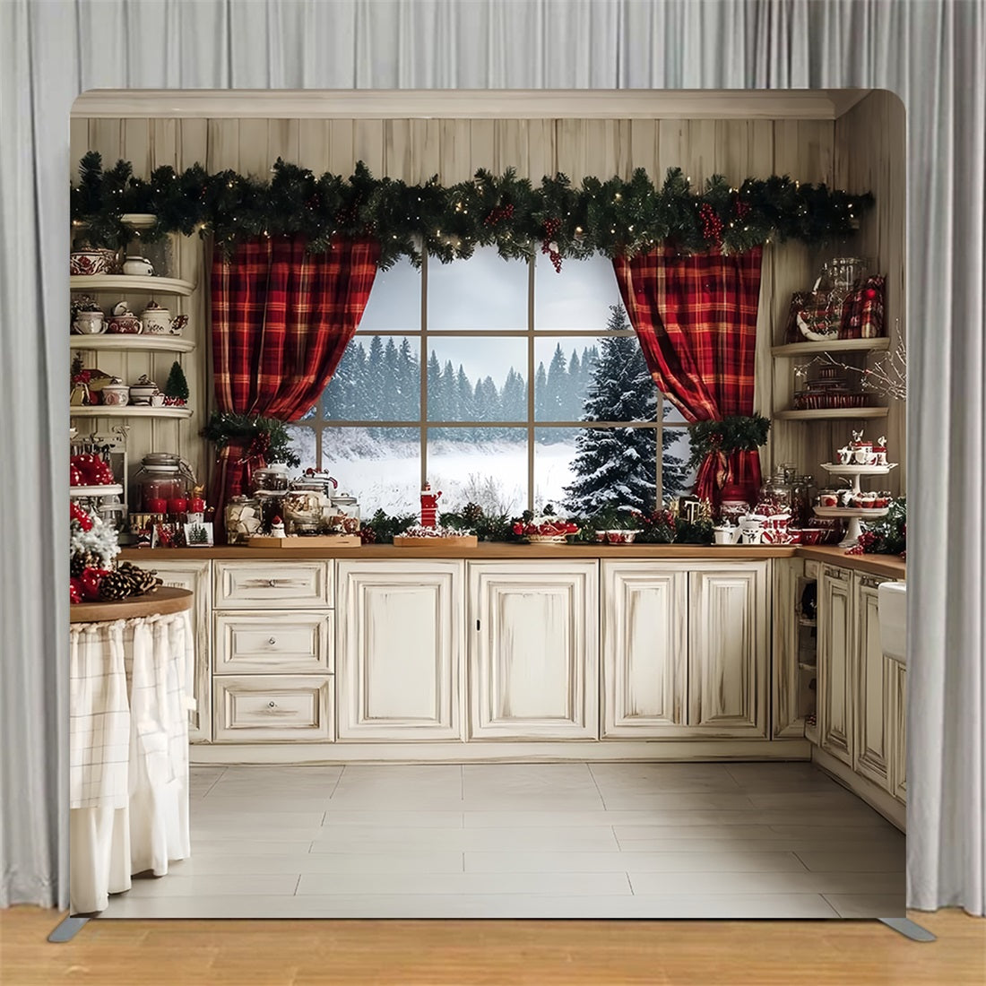 Square Backdrop Rustic Kitchen Window View Christmas Party Backdrop TS