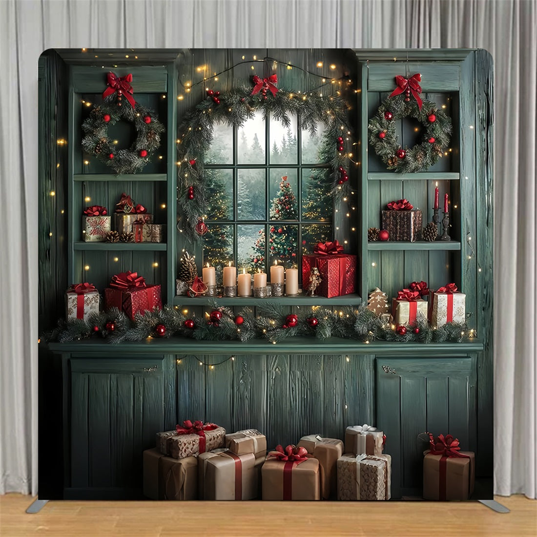 Square Backdrop Cover Cozy Kitchen Window Christmas Party Backdrop TS-
