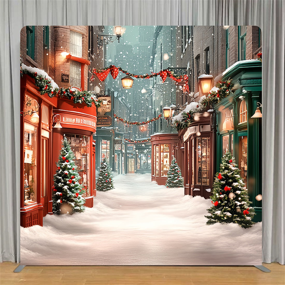 Square Backdrop Snow Winter Cozy Street Christmas Party Backdrop TS-CS