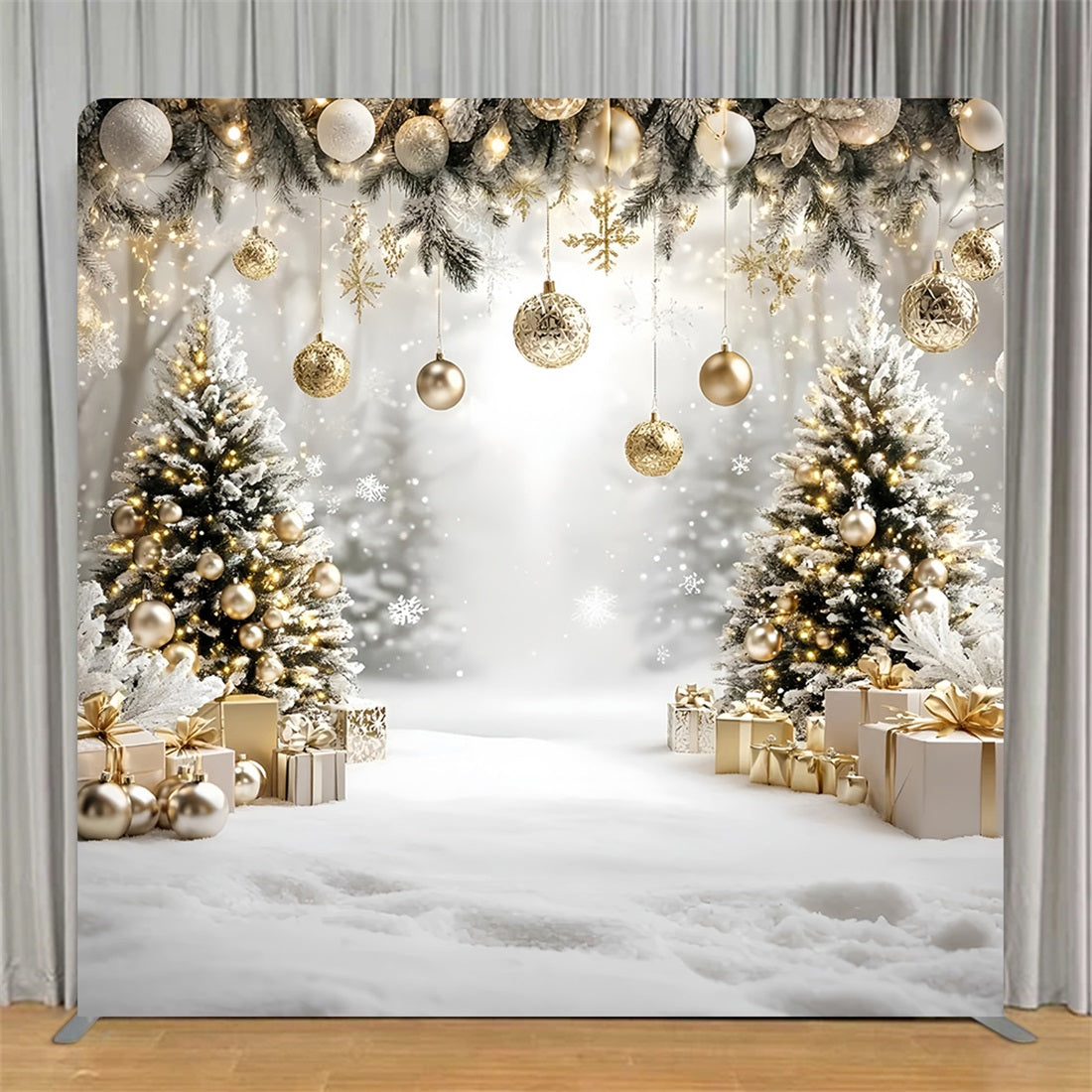 Tension Fabric Backdrop Golden Snowy Forest Christmas Holiday Backdrop