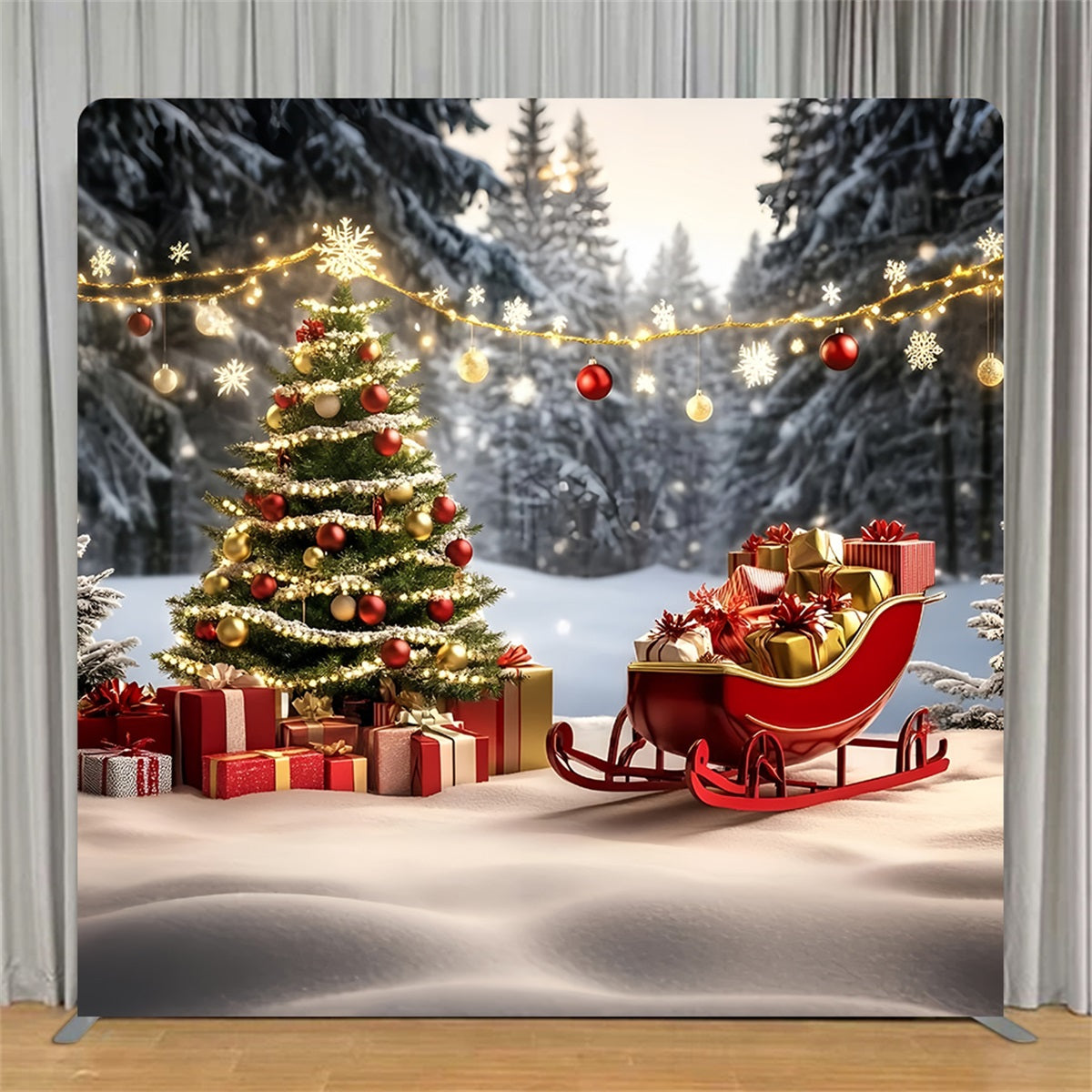Square Backdrops Snowy Christmas Tree Sleigh Christmas Backdrop TS-GQ5