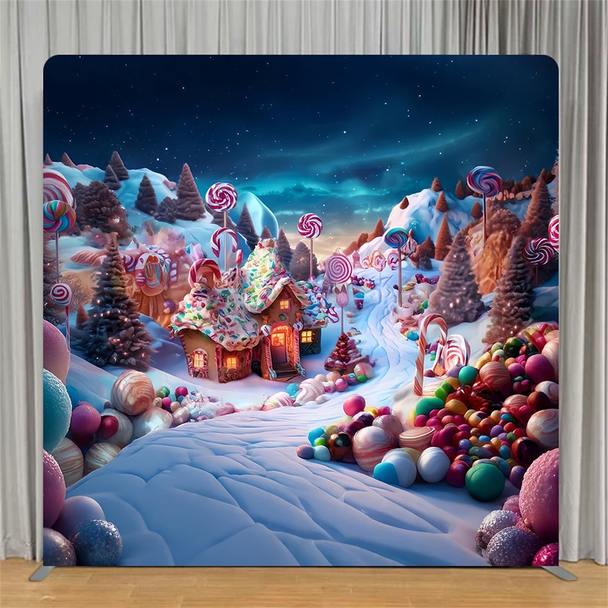 Square Backdrops Colorful Candy Wonderland Village Christmas Backdrop