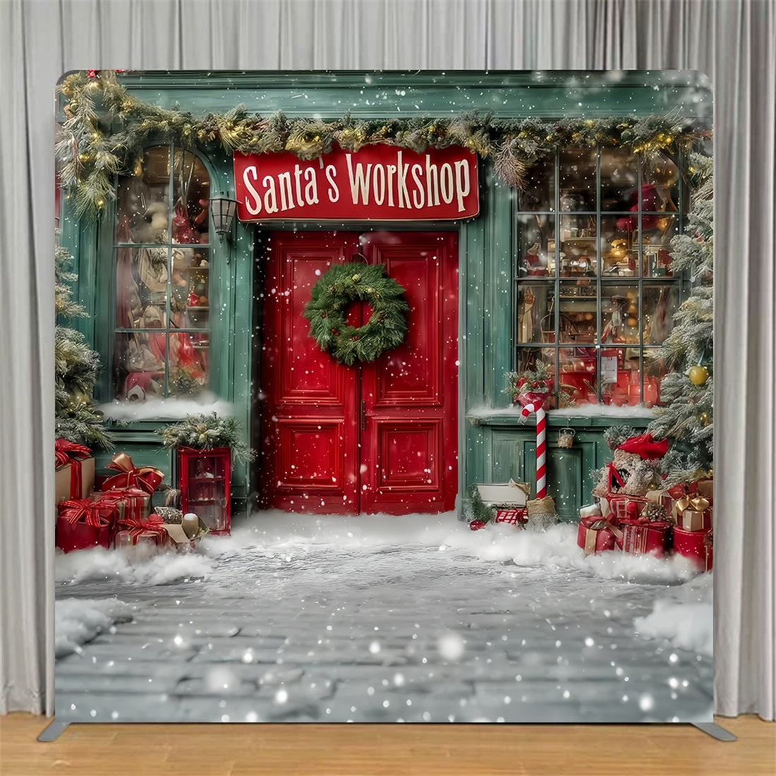 Square Backdrop Snowy Santa Workshop Front Christmas Backdrop TS-TWW59