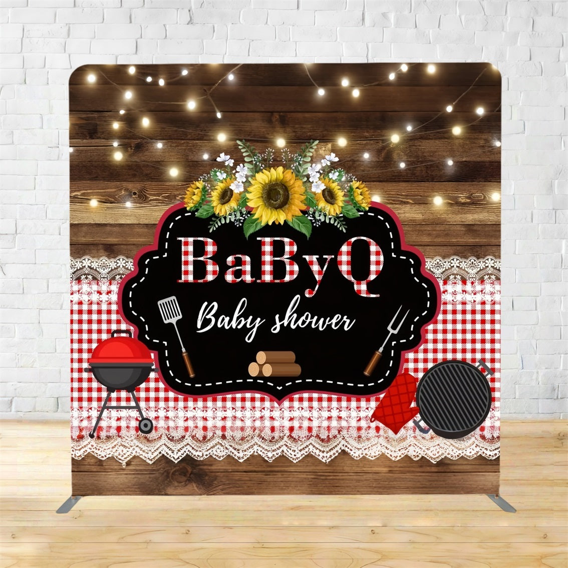 Tension Backdrops Rustic Wood BBQ Sunflower Baby Shower Backdrop TSTKH
