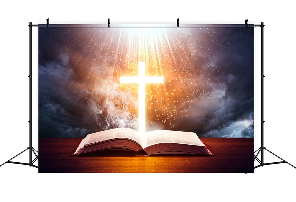 Easter Backdrops Photography Glowing Cross Holy Bible Backdrop TWW3-5