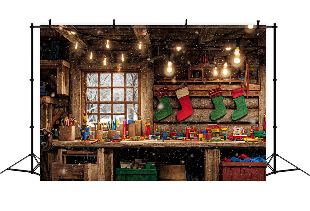 Santa's Workshop Backdrop Wood Cabin Toy Bench Christmas Backdrop TWW5