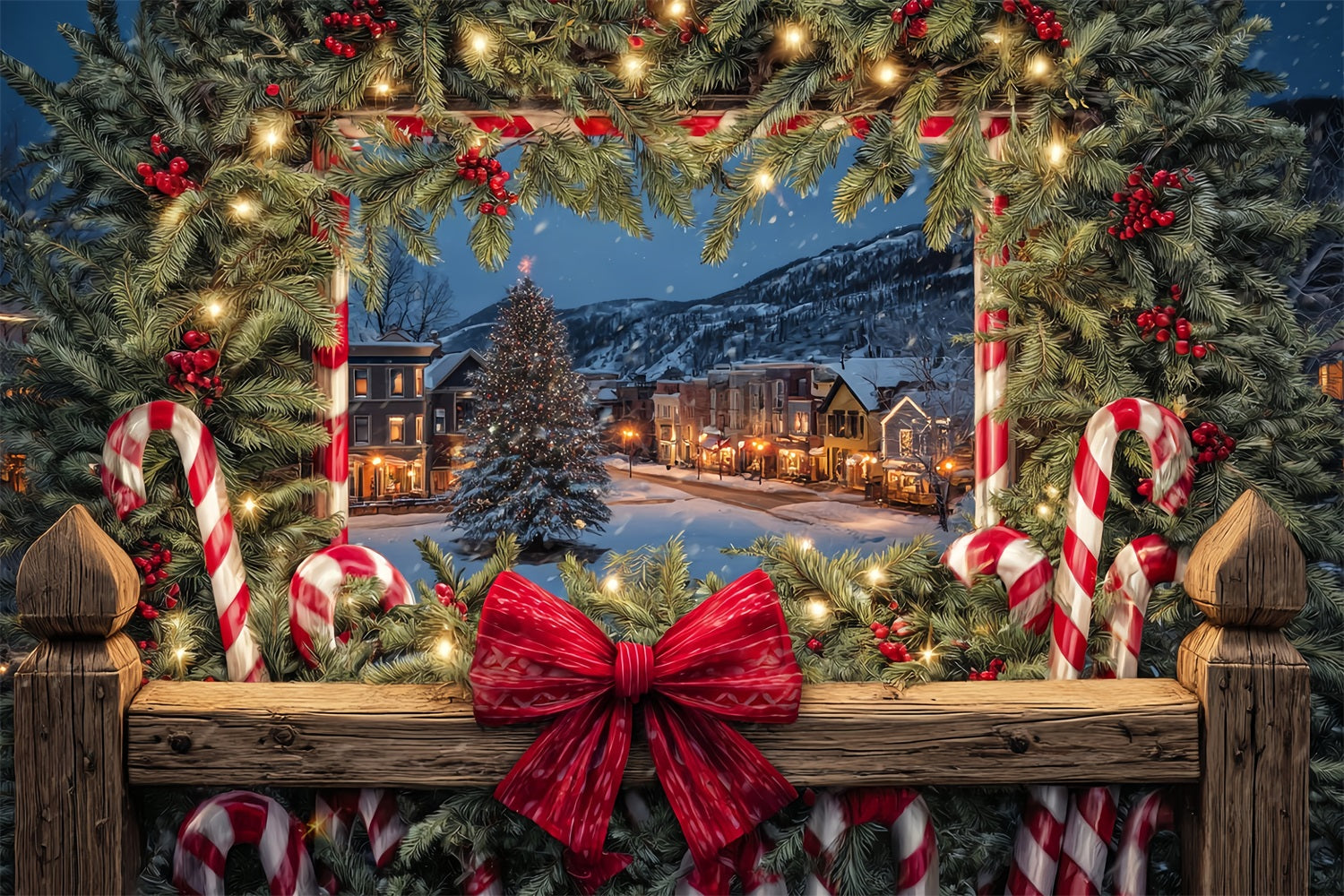 Christmas Bow Backdrop Cozy Town Holiday Window Christmas Photo Backdr