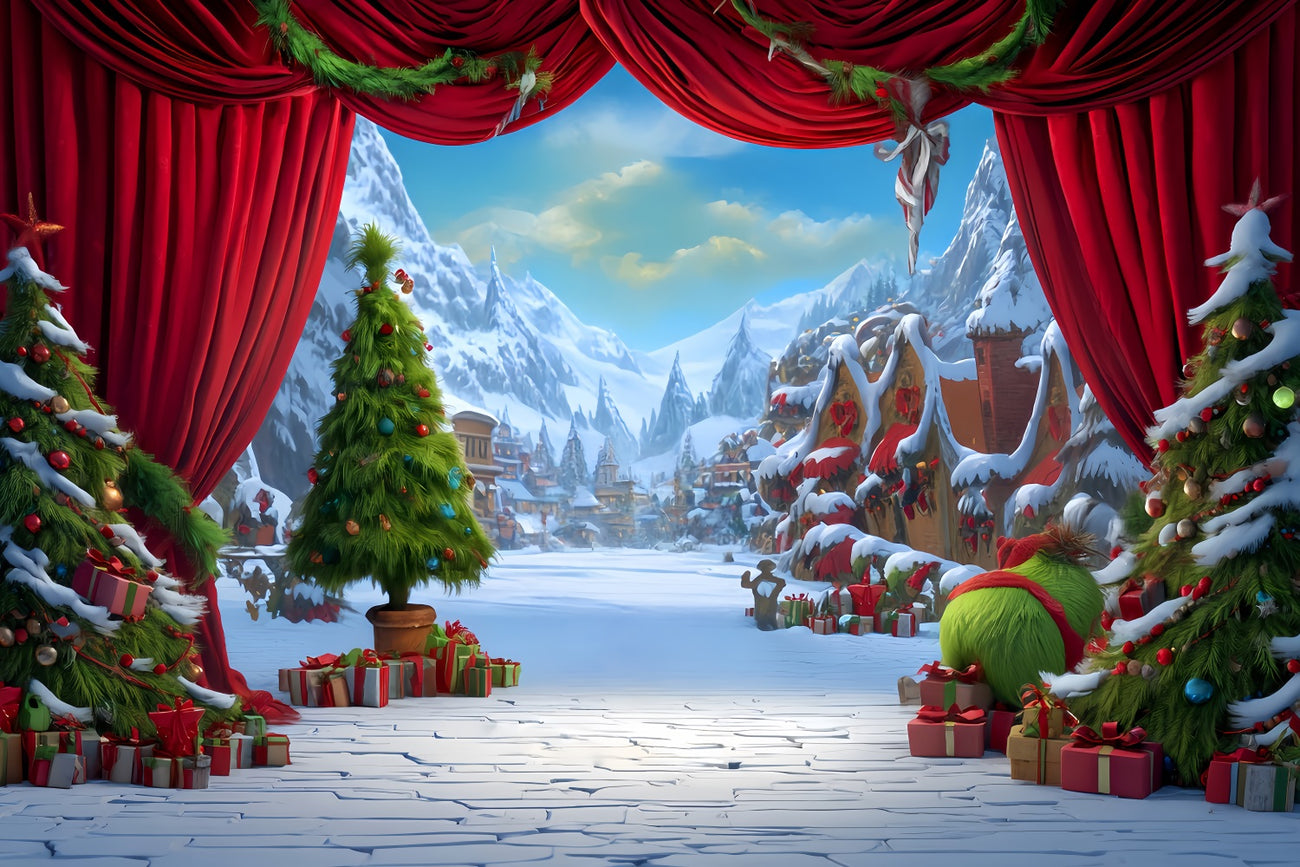 Grinch Backdrop Whoville Festive Winter Stage Christmas Photo Backdrop