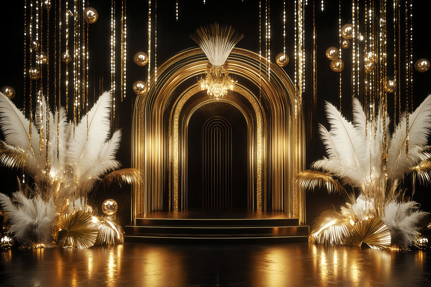 New Year Backdrop Golden Luxe Arch Feather Happy New Year Banner TWW51