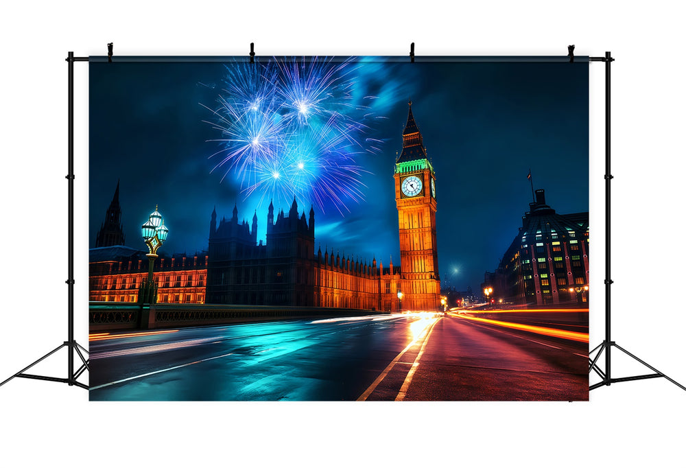 New Year Backdrop London Skyline Midnight Fireworks Cityscape Photo Ba