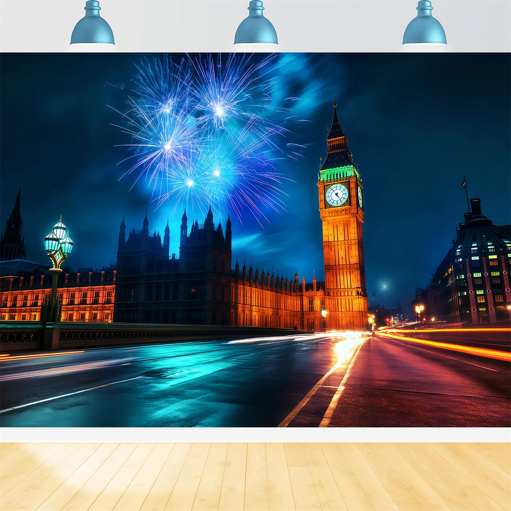 New Year Backdrop London Skyline Midnight Fireworks Cityscape Photo Ba