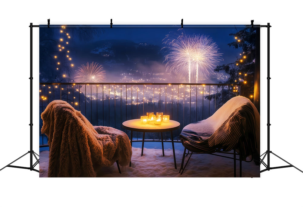 Happy New Year Backdrop Cozy Balcony Night Cityscape Fireworks Backdro