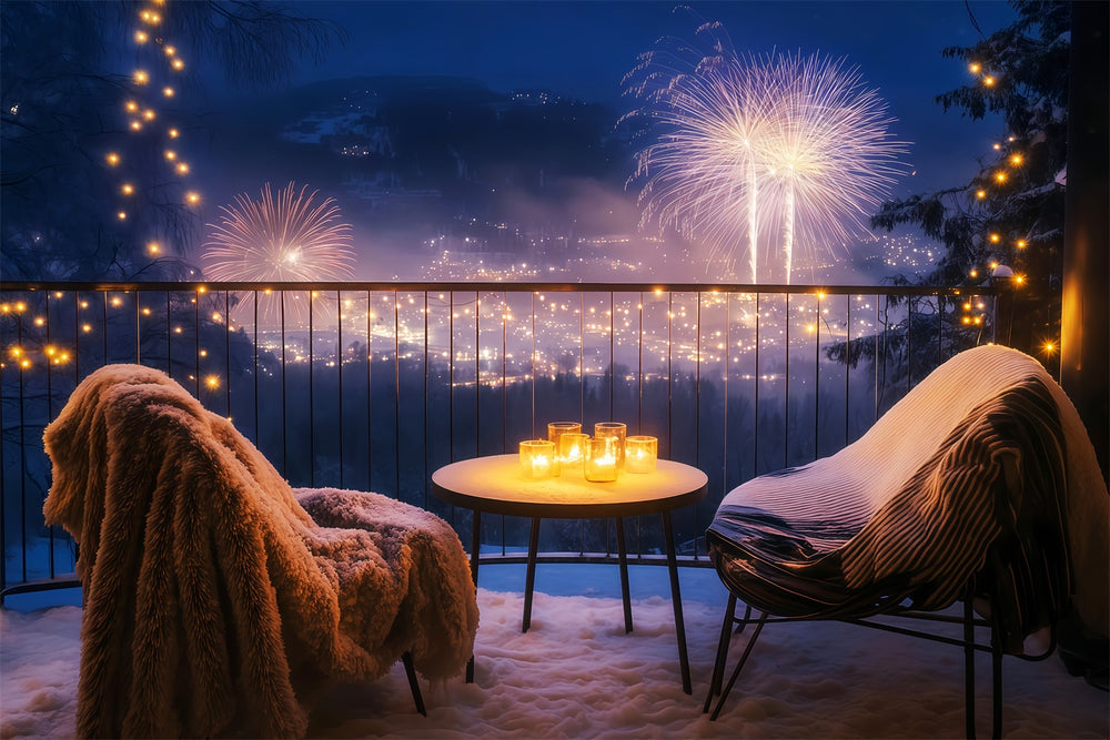 Happy New Year Backdrop Cozy Balcony Night Cityscape Fireworks Backdro