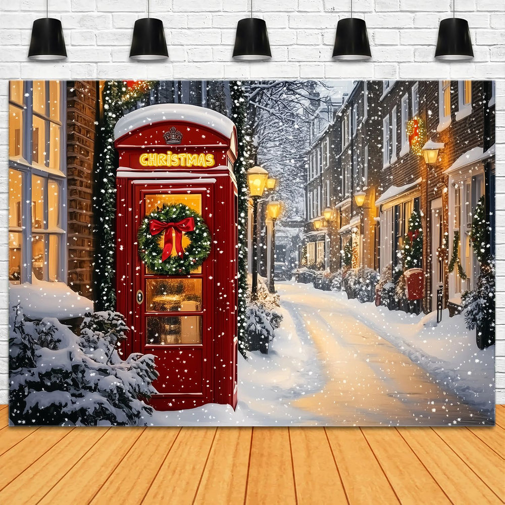 Red Christmas Backdrop Red Phone Booth Snowy Street Backdrop Christmas