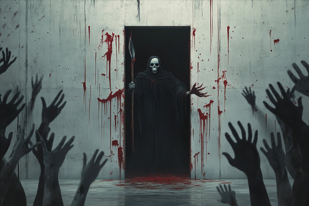 Halloween Wall Backdrop Bloodstained Wall with Grim Reaper Figure Scar