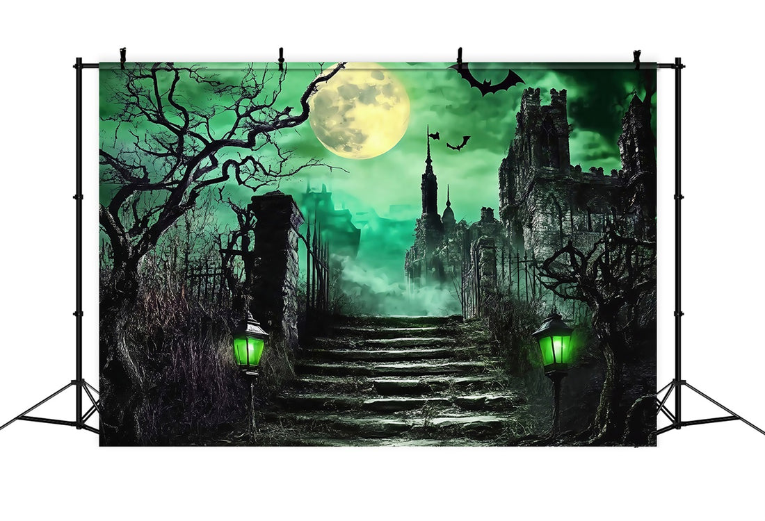 Halloween Graveyard Backdrop Haunted Castle Stairs under Green Moon Ha