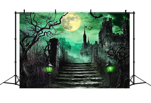 Halloween Graveyard Backdrop Haunted Castle Stairs under Green Moon Ha