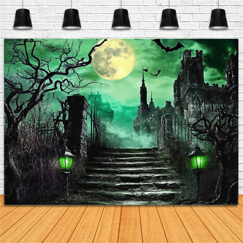Halloween Graveyard Backdrop Haunted Castle Stairs under Green Moon Ha