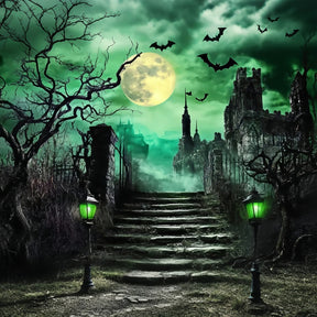 Halloween Graveyard Backdrop Haunted Castle Stairs under Green Moon Ha