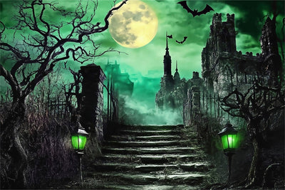 Halloween Graveyard Backdrop Haunted Castle Stairs under Green Moon Ha