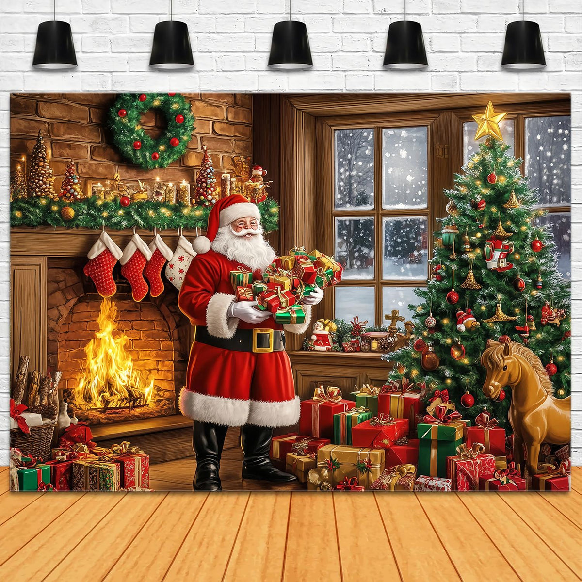 Santa Backdrops Santa Fireplace Gift Pile Christmas Backdrops for Phot