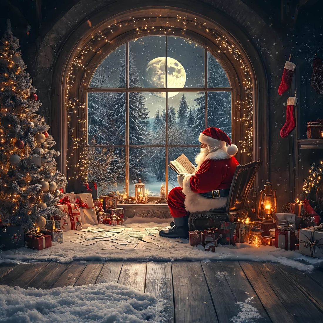 Santa Backdrop Santa Moonlit Window Reading Christmas Backdrop TWW58-5