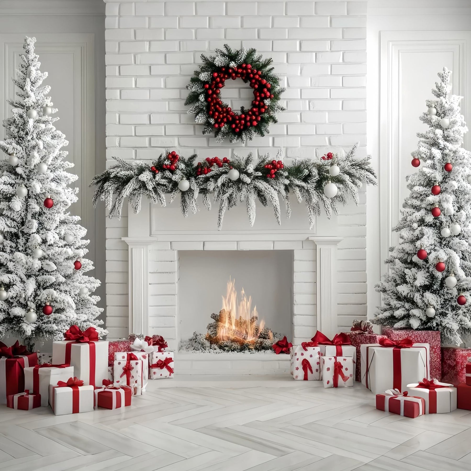 Christmas Fireplace Backdrop White Brick Fireplace Snow Trees Christma