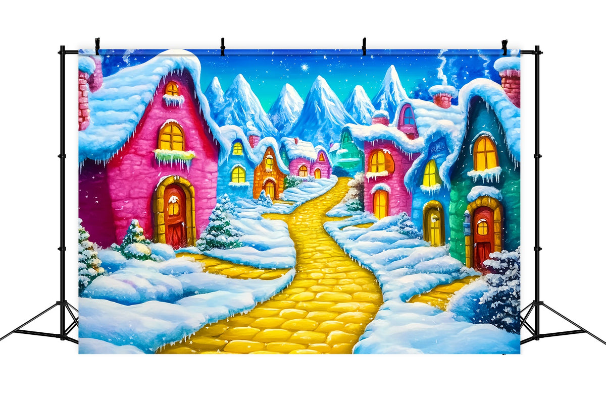 Christmas Village Backdrop Golden Path Snowy Colorful Cottages Christm