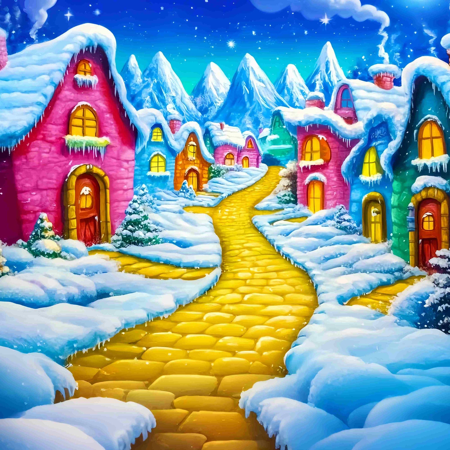 Christmas Village Backdrop Golden Path Snowy Colorful Cottages Christm