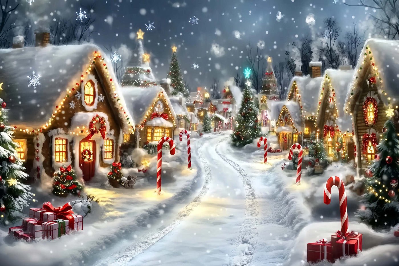 Candyland Christmas Backdrop Gingerbread Cottage Snowy Candy Cane Lane