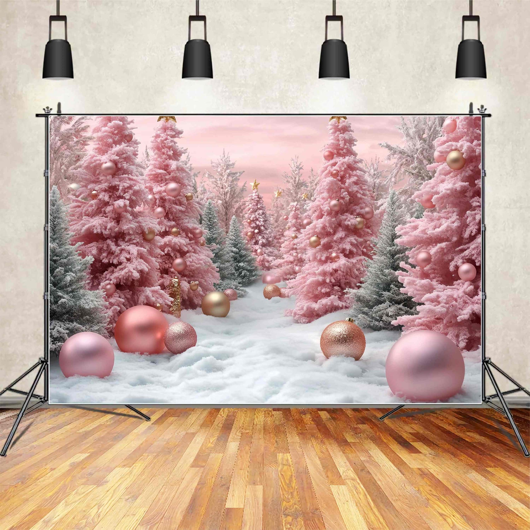 Pink Christmas Backdrop Pink Frosted Christmas Trees Snow Ornaments Ch