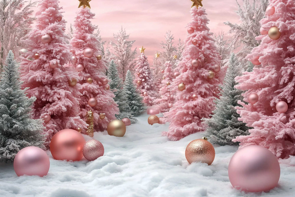 Pink Christmas Backdrop Pink Frosted Christmas Trees Snow Ornaments Ch