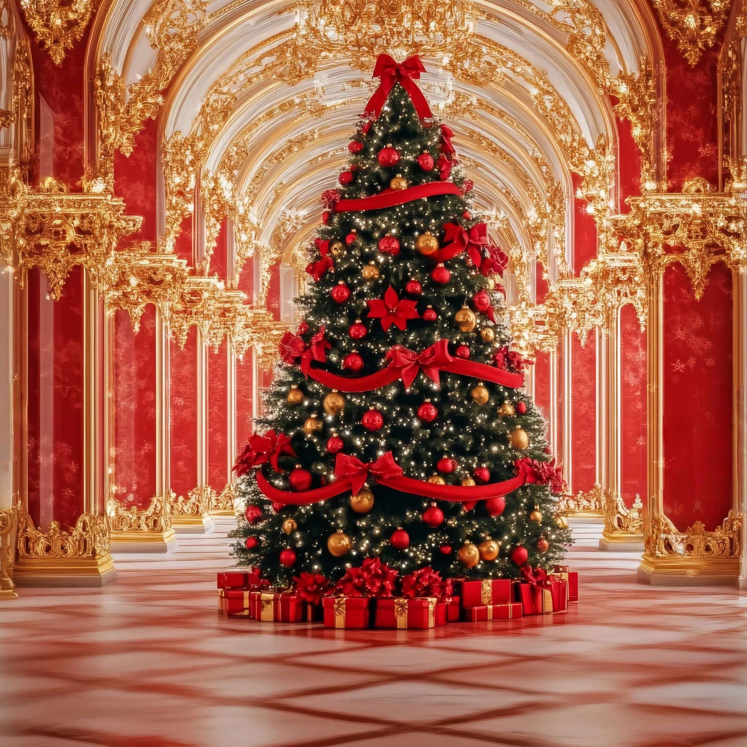 Red Christmas Backdrop Opulent Palace Christmas Tree Display Christmas