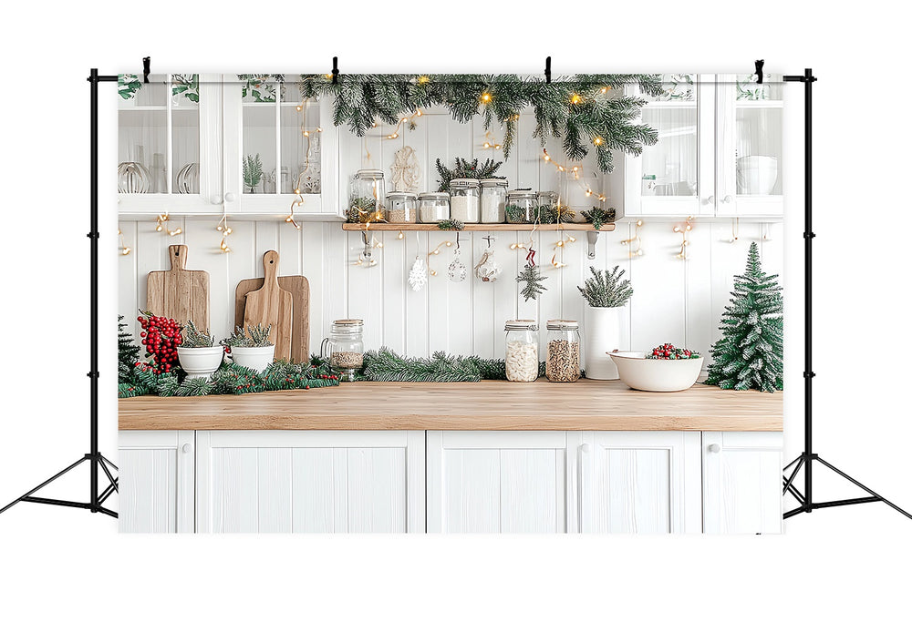 Christmas Kitchen Backdrop White Kitchen Counter Evergreen Garland Glo
