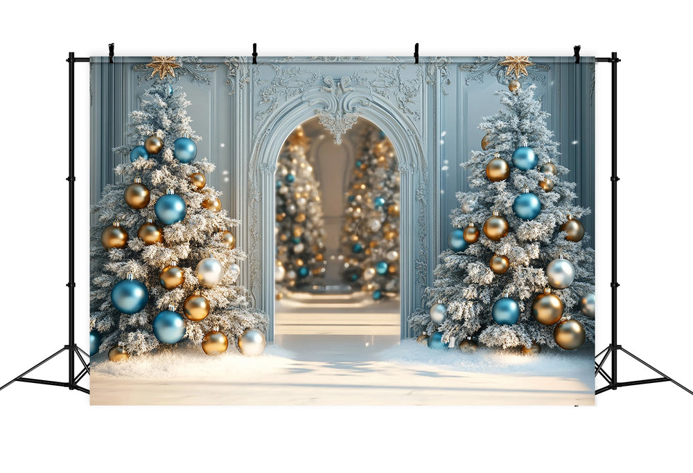 Christmas Tree Backdrop Frosted Blue Gold Ornament Trees Christmas Bac