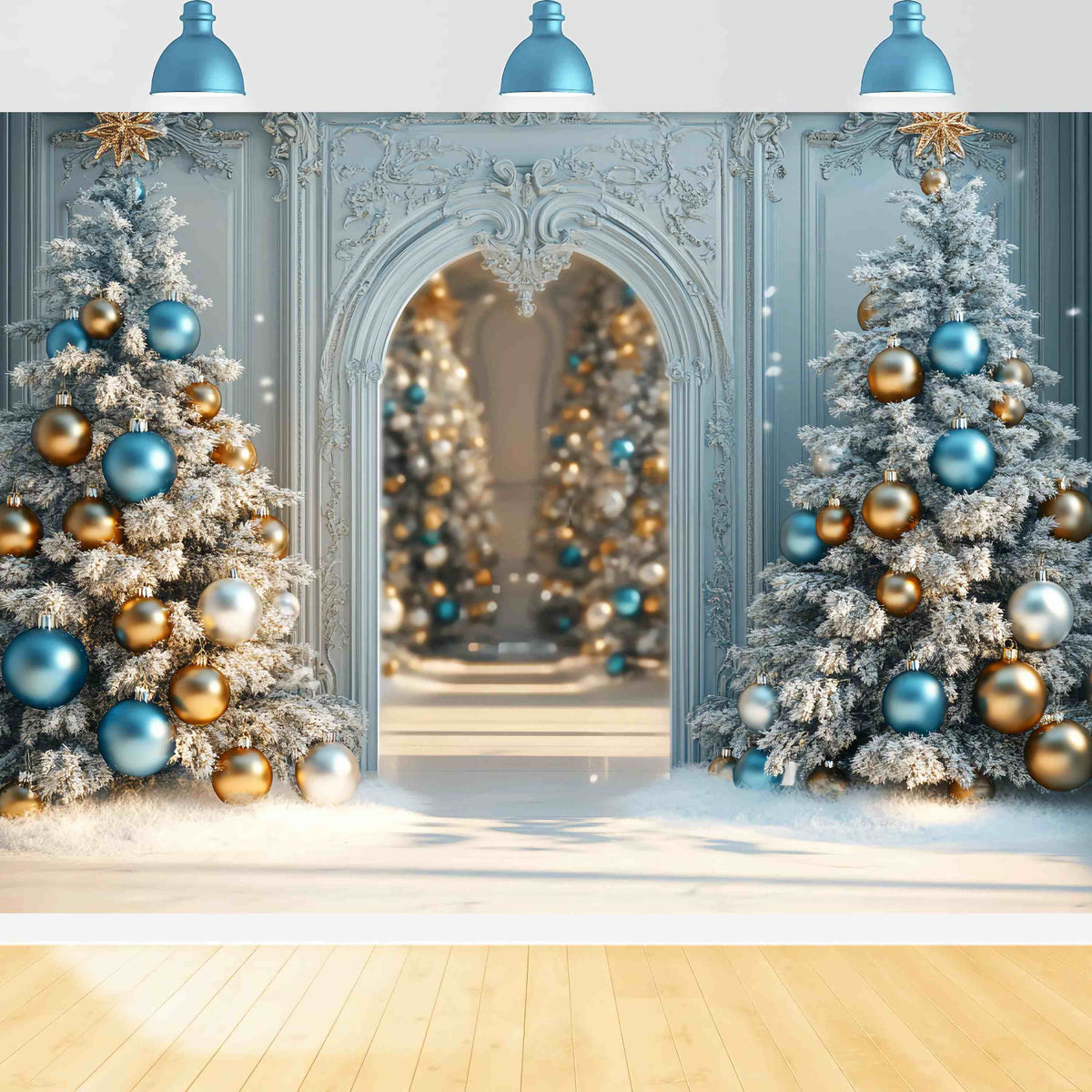 Christmas Tree Backdrop Frosted Blue Gold Ornament Trees Christmas Bac