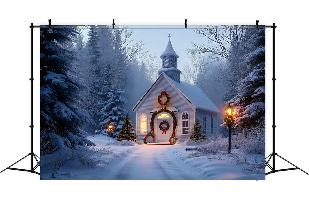 Church Backdrop Frosty Chapel Holiday Glow Christmas Backdrop Photogra