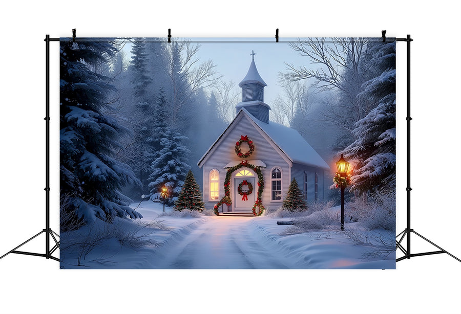 Church Backdrop Frosty Chapel Holiday Glow Christmas Backdrop Photogra