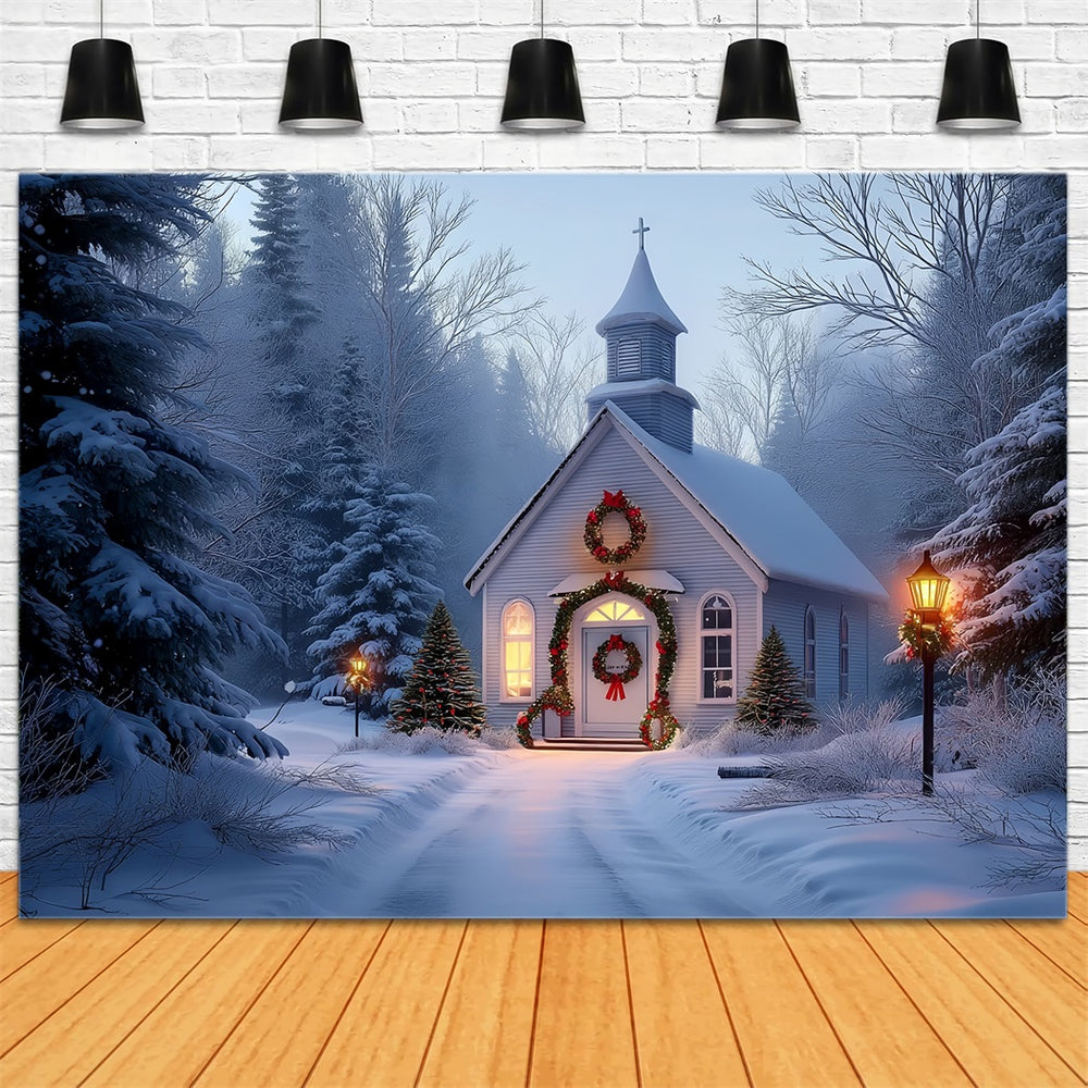 Church Backdrop Frosty Chapel Holiday Glow Christmas Backdrop Photogra