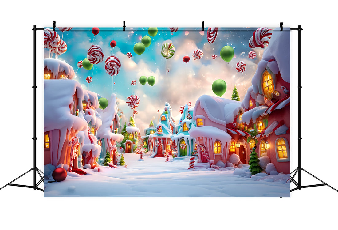 Candyland Backdrop Candy Balloon Snowy Village Christmas Photography B