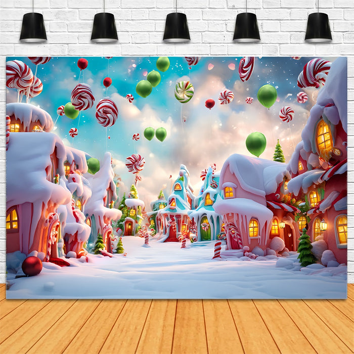 Candyland Backdrop Candy Balloon Snowy Village Christmas Photography B