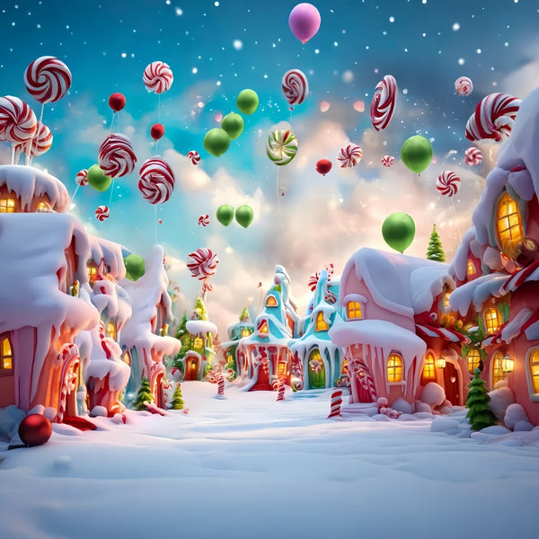 Candyland Backdrop Candy Balloon Snowy Village Christmas Photography B