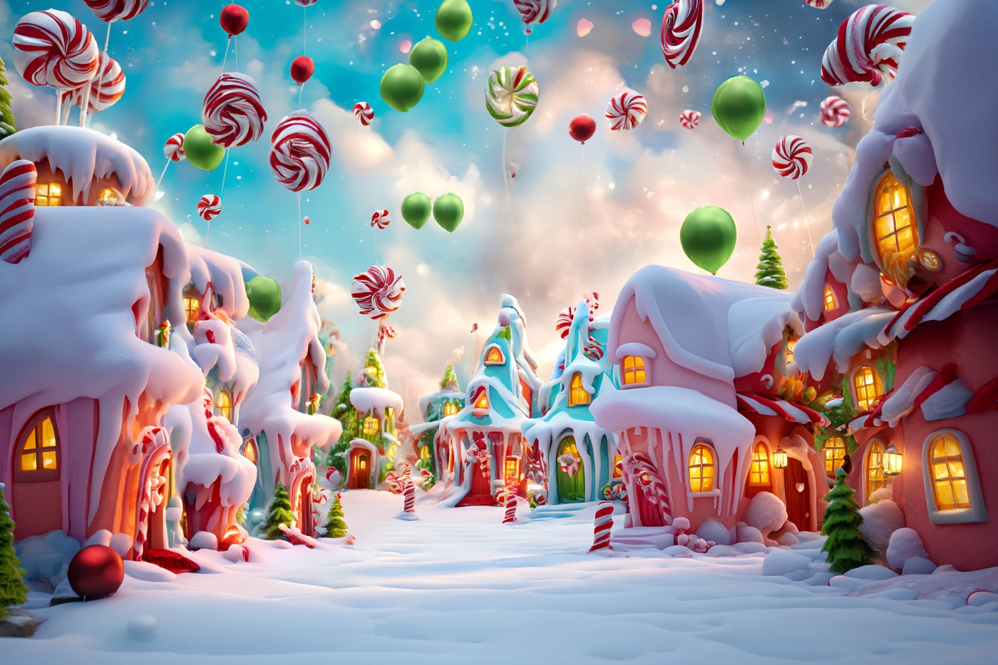 Candyland Backdrop Candy Balloon Snowy Village Christmas Photography B