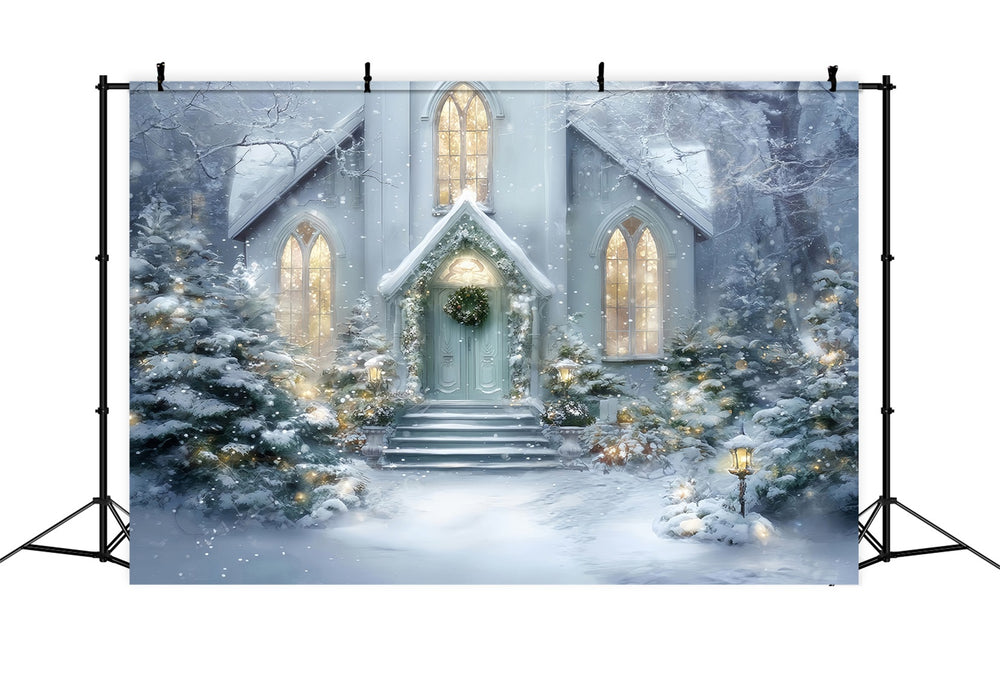 Church Backdrop Snowy Church Entrance Glow Christmas Backdrop Photogra