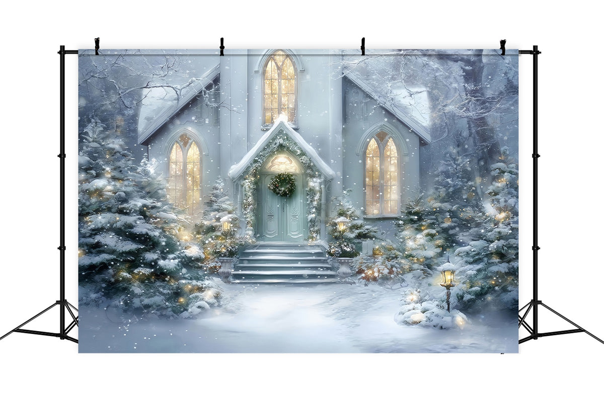 Church Backdrop Snowy Church Entrance Glow Christmas Backdrop Photogra