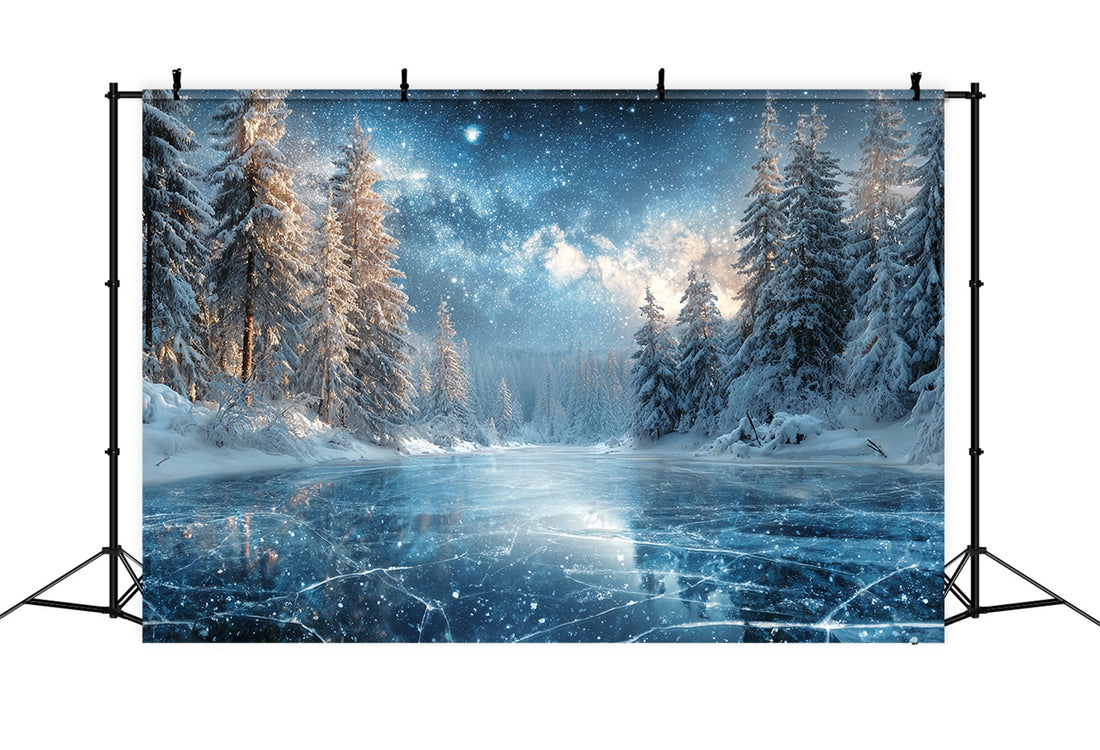 Winter Forest Backdrop Frozen Lake Starry Night Snowy Forest Backdrop