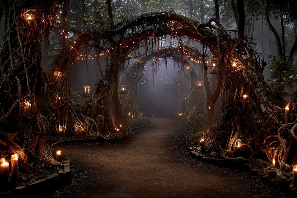Creepy Forest Backdrop Lantern Path Twisted Roots Dark Forest Backdrop